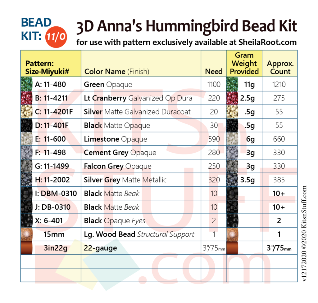 HummingbirdAnna’s15/0 & 11/0 Bead Kits – KitsnStuff.com